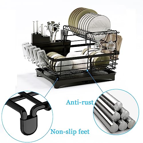 MontNorth Dish Drying Rack for Kitchen Counter, Large Rust-Proof Dish Strainer with Drainboard,2 Tier Dish Drainers with Utensil Holder, Cups Holder,Space-Saving, Easy to Assemble,Black
