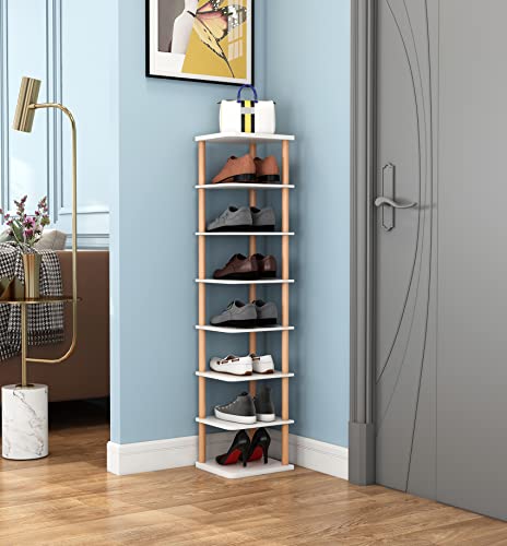 LUCKNOCK 8 Tiers Vertical Shoe Rack, Narrow Organizer, Stylish Wooden Shoe Storage Stand, Space Saving Shelf Tower, Free Standing for Entryway, No-Tool Assembly, White.
