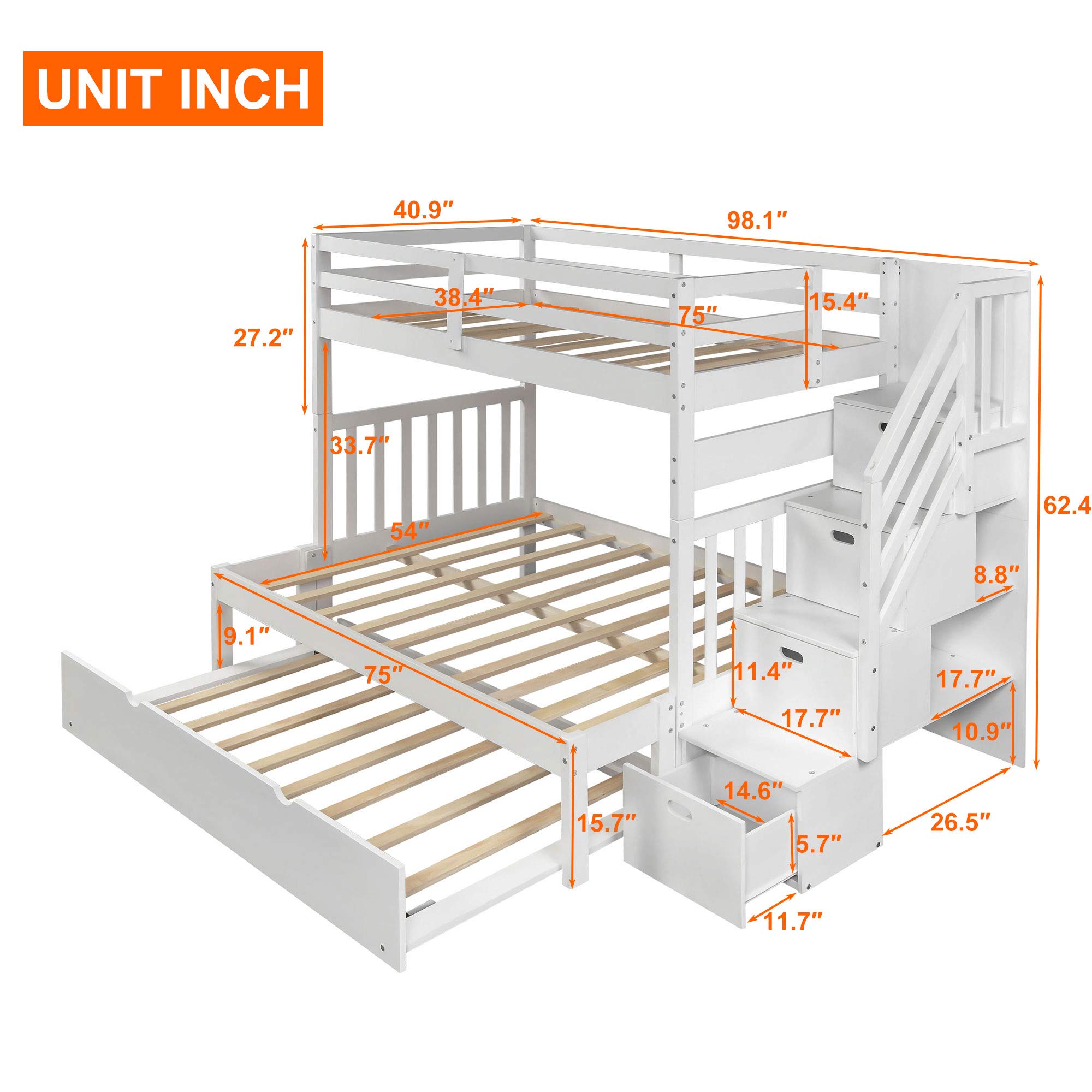 Harper & Bright Designs Stairway Twin Over Twin/Full Bunk Bed with Twin Size Trundle and Drawers, Solid Wood Bunk Bed Staircase Can be Placed on The Left or Right Side (White)