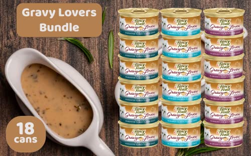 Fancy Feast Gravy Lovers Variety Packs Wet Cat Food Bundle Includes Turkey, Salmon & Sole, Chicken Feast in Gravy Flavor Grain-Free Proteins (Pack of 18)