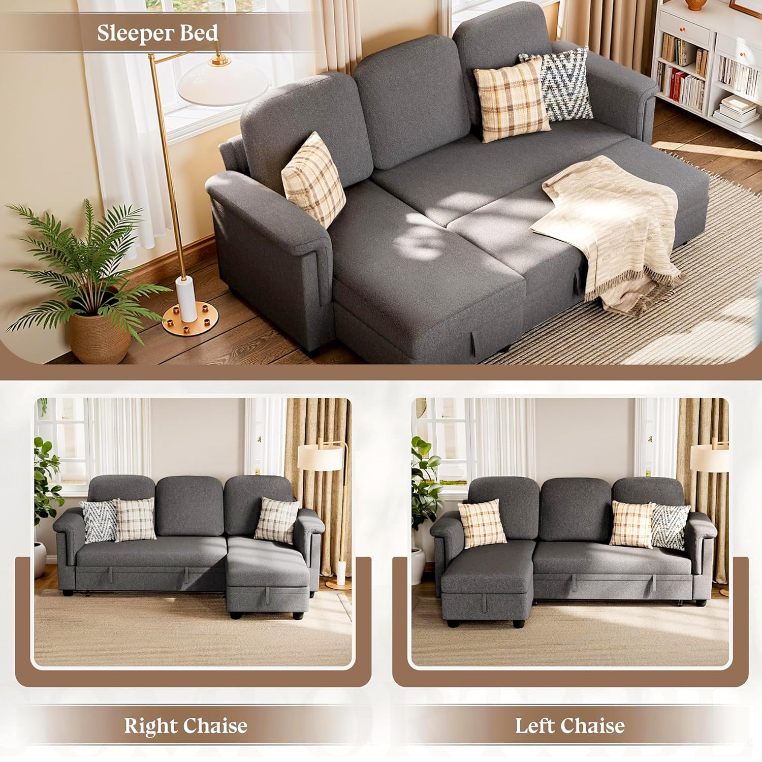 Furmax Sofa Bed Pull Out Couch with Side Storage Pockets L-Shaped Sleeper Sofa with Storage Chaise Sectional Couches for Living Room, Small Apartments (Linen, Gray)