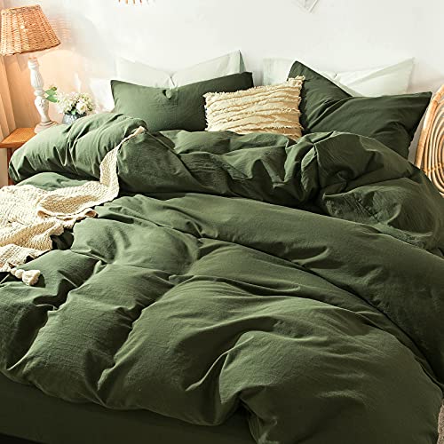 MooMee Bedding Duvet Cover Set 100% Washed Cotton Linen Like Textured Breathable Durable Soft Comfy (Olive Green, Queen)