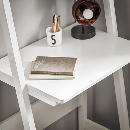 Haotian Ladder Shelf Desk Freestanding Bookshelf Space Saving Workstation Dresser Shelf Leaning Computer Desk with Shelves for Small Space, White FRG60-W
