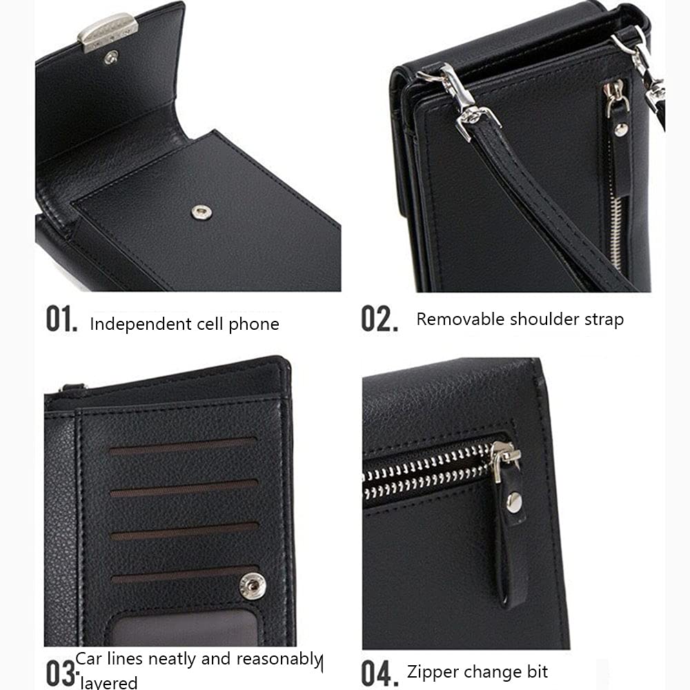Small Crossbody Bag Long Cell Phone Purse Bag Wallet with Credit Card Slots Women Student Diagonal Wallet Multi-function Shoulder Bag (Black)
