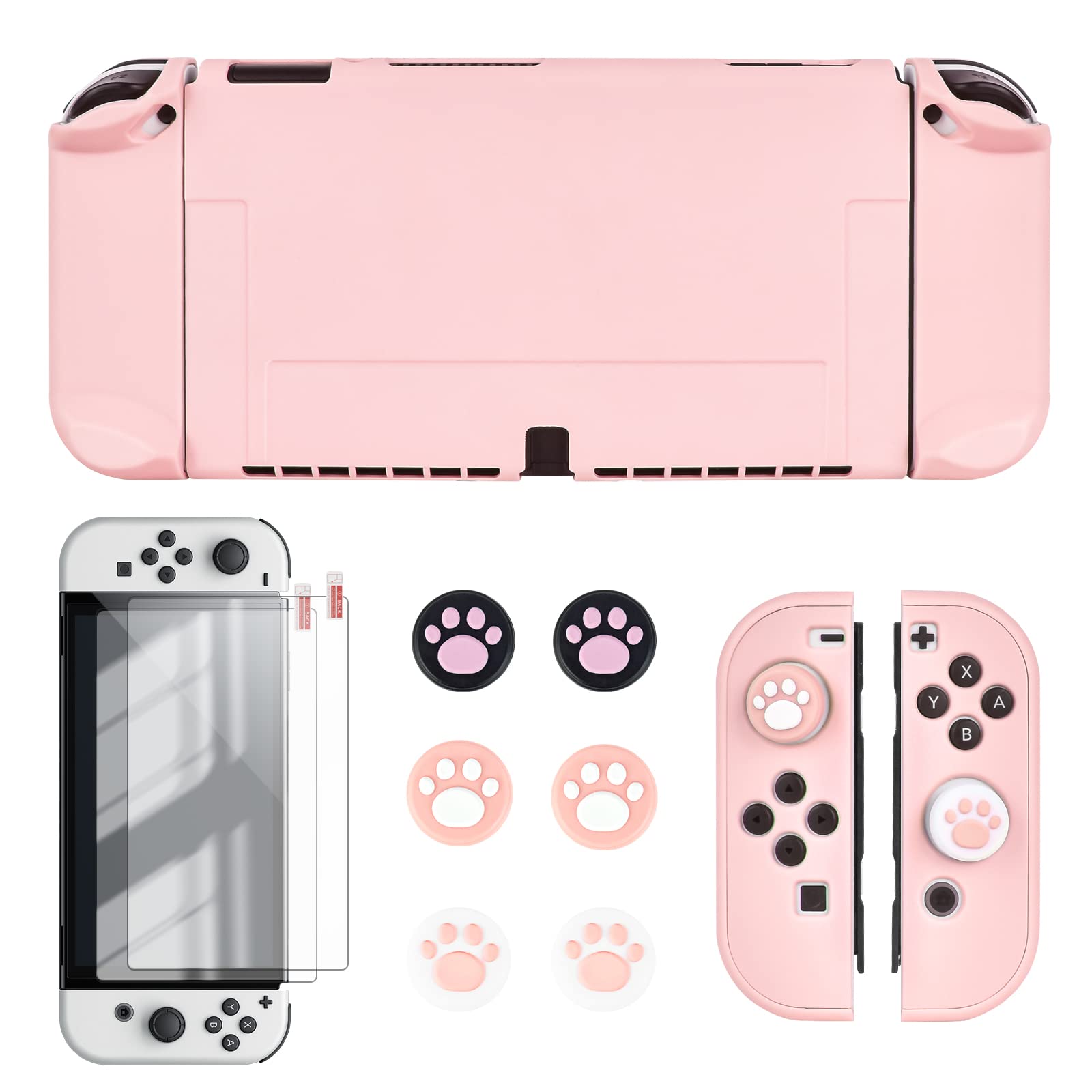 DLseego Switch OLED Protective Case Dockable Hard Shell Anti-Scratch Cover Joycon Accessory Skin with 6PCS Thumb Grips Caps and 2Pc Screen Protectors - Pink