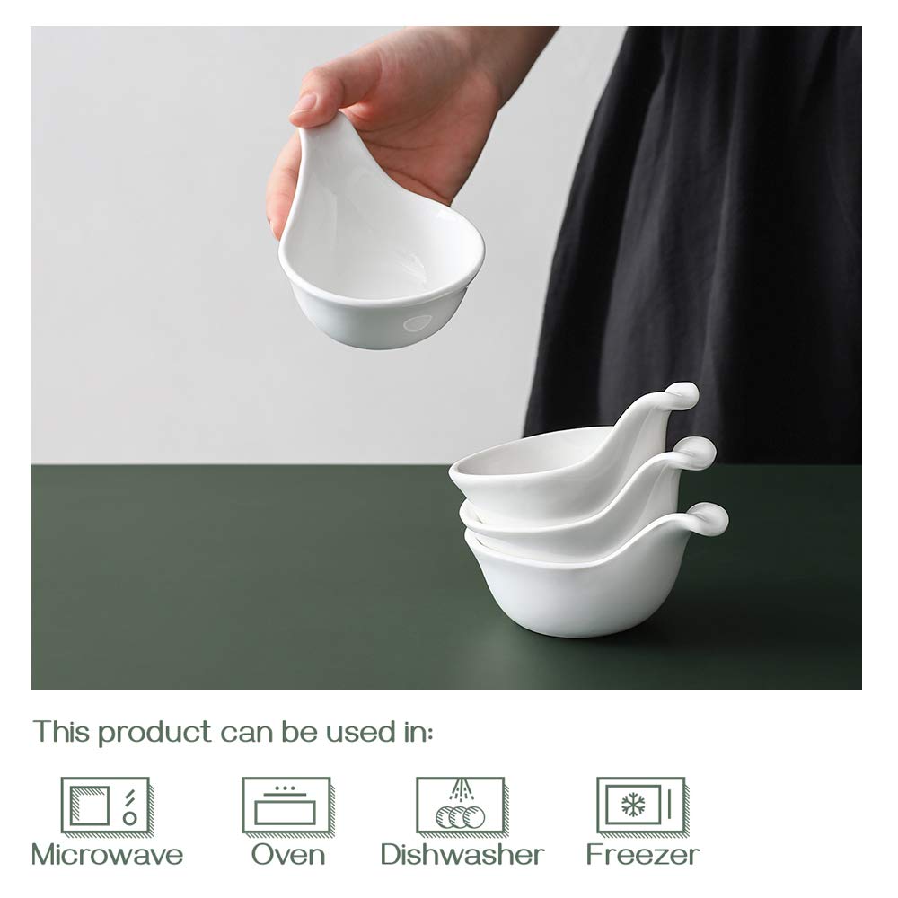 DOWAN Dip Bowl Set, Soy Sauce Dish with Handle, Small Bowls for Side Dish, 3 Oz Deep for Condiment, Ketchup, Appetizer, Ramekin, Individual Server Bowl for Party Dinner BBQ, White