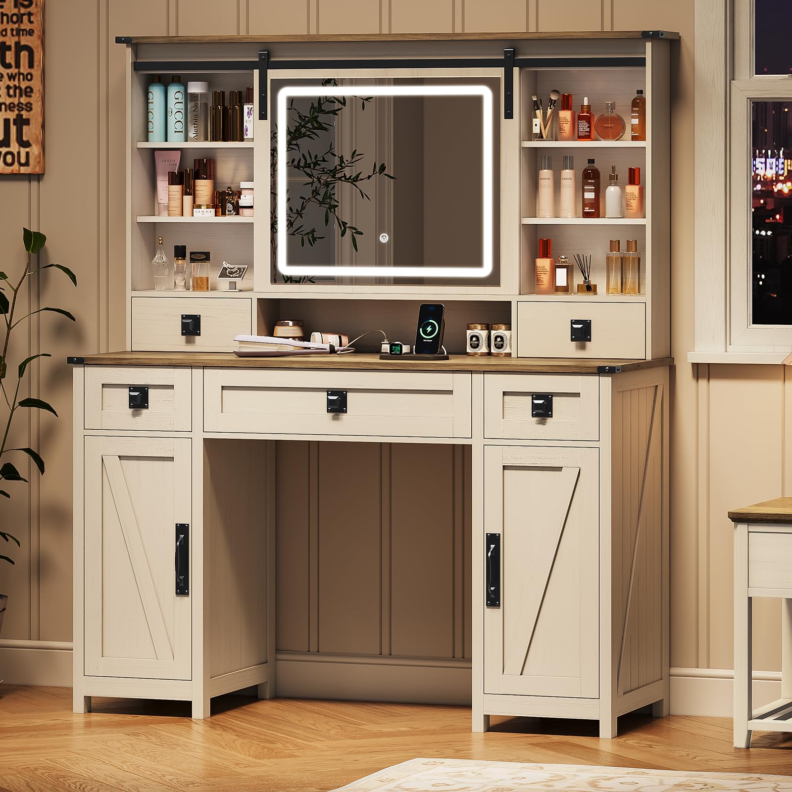 Farmhouse Makeup Vanity Desk with Sliding Mirror and Lights, 47.2" Big Vanity Table with Charging Station, Makeup Desk with 5 Drawers & 2 Cabinets, White