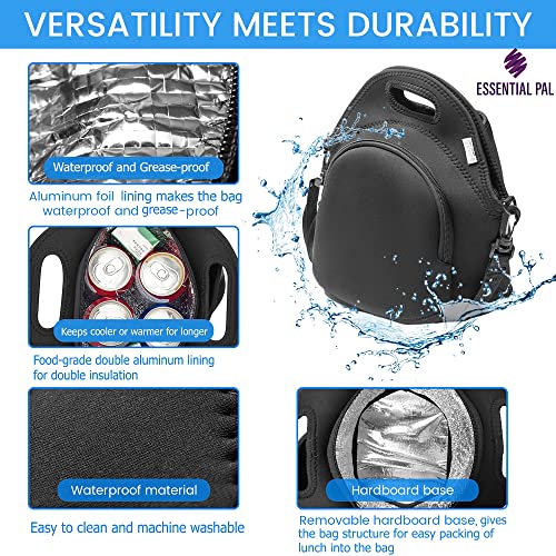 Essential Pal Black Insulated Lunch Bag Tote β Thick, Durable Neoprene Lunch Bags with Double-Layer Insulation & Insulated Bottle Holder β Machine-Washable, Freezable Lunch Bag with Removable Strap