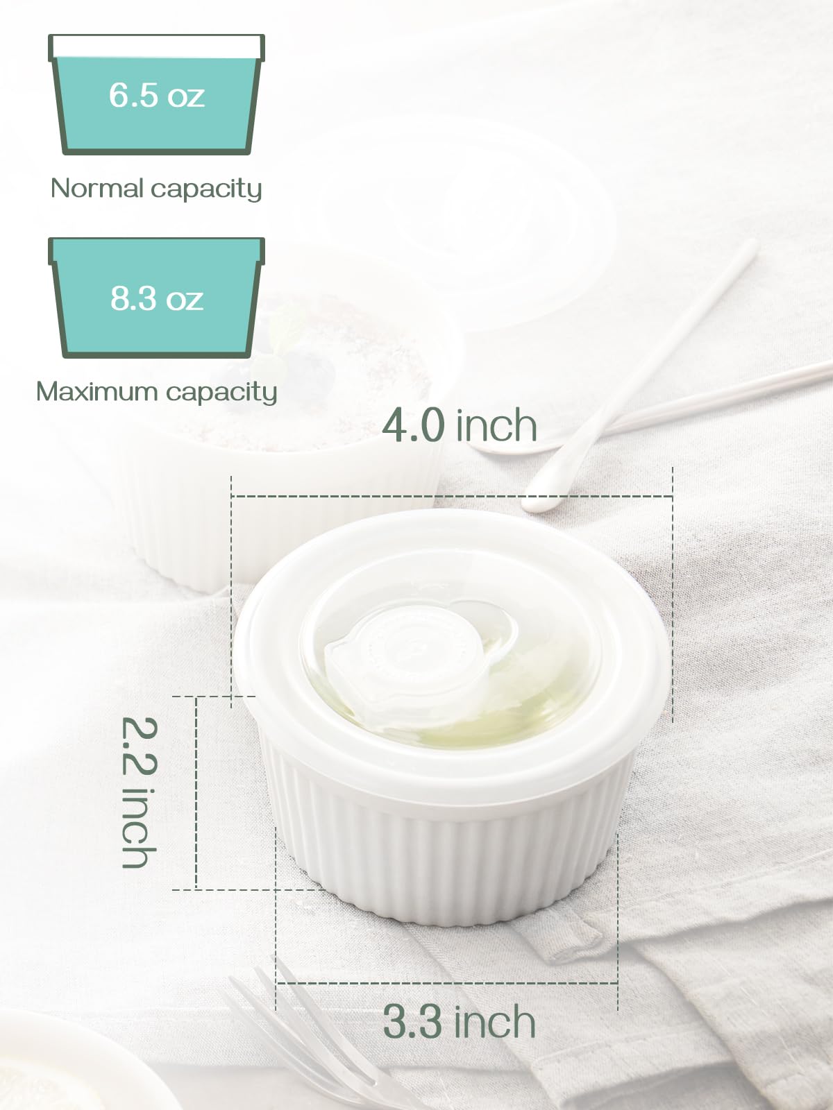 DOWAN Ramekins 8 oz Oven Safe with Lids, Creme brulee Ramekins Bowls with Covers, Porcelain White Ramekins Souffle Dishes for Baking, Stackable, Set of 6