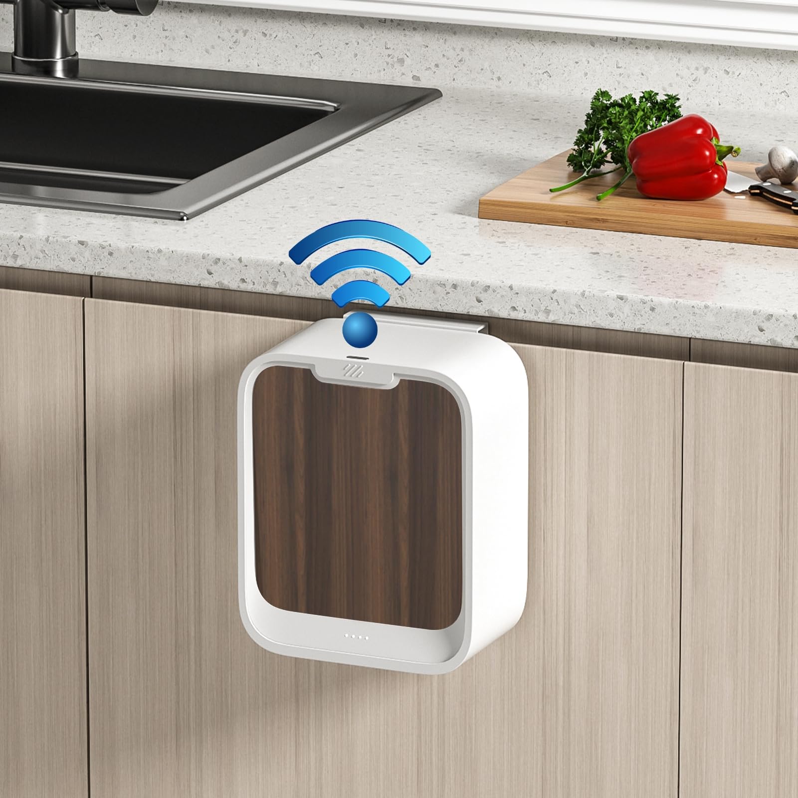 ELPHECO Hanging Trash Can, 2 Gallon Motion Sensor Waste Bin Wall Mounted Smart Sensor Trash Bin with Lid for Kitchen Cabinet Door Under Sink, Cupboard Countertop, Natural, Rechargeable (no Plug)