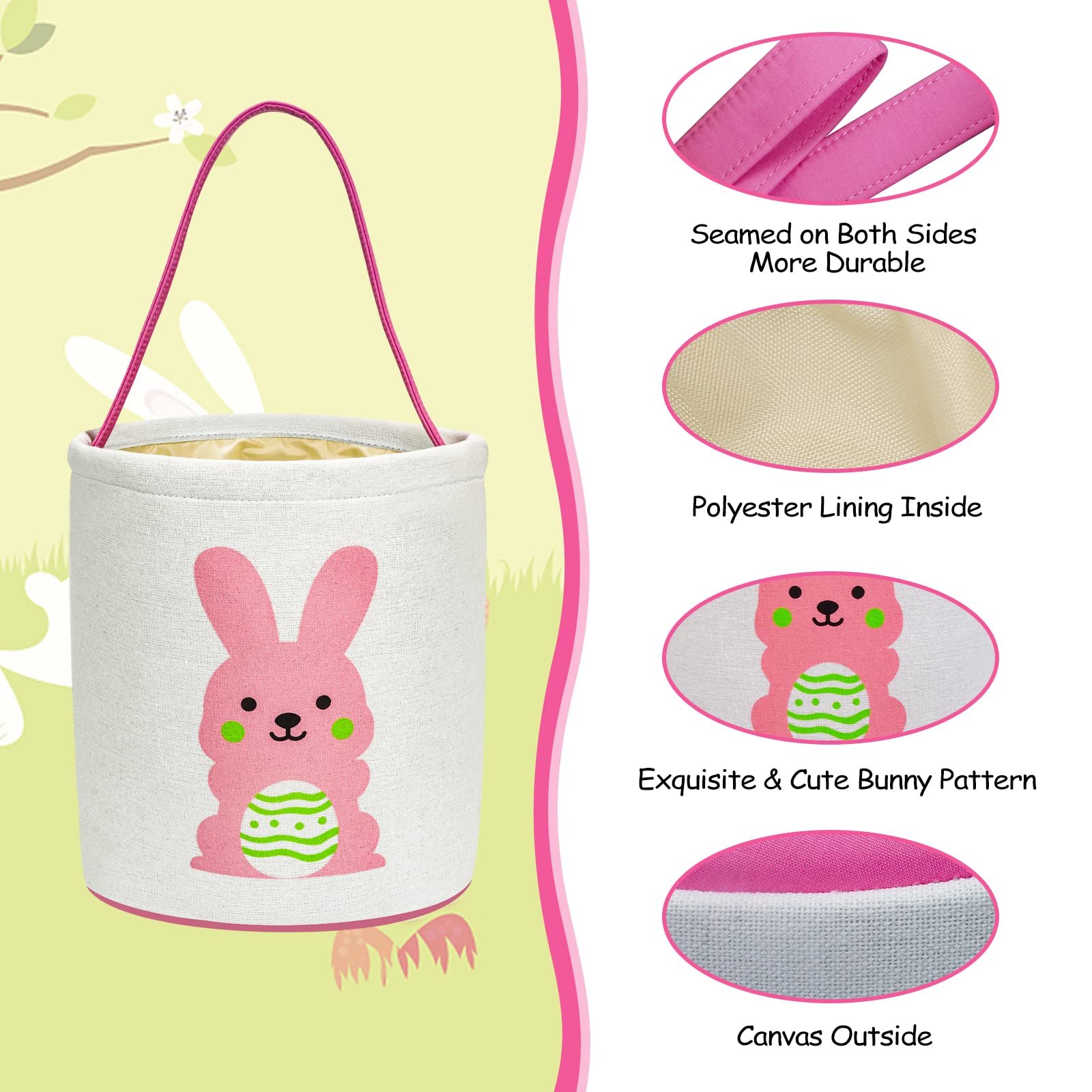 Easter Baskets for Kids, Easter Bunny Canvas Bags with 10Pcs Cute Tattoo Stickers for Easter Egg Toy Hunting, Reusable Candy Gifts Storage Baskets, Easter Decorations Party Supplies