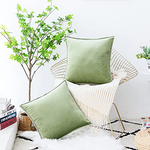 GAWAMAY Green 16x16 Fall Pillow Covers,Pack of 2 Decorative Burgundy Red Cushion Pillow Cases with Chenille Edge Soft Boho Decor Pillows for Living Room Sofa Couch Beding Velvet Euro Pillow (40x40cm)