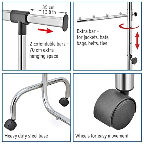 Tatkraft Falcon Garment Rack, Clothes Rack on Wheels, Adjustable Length & Height, Chromed Steel
