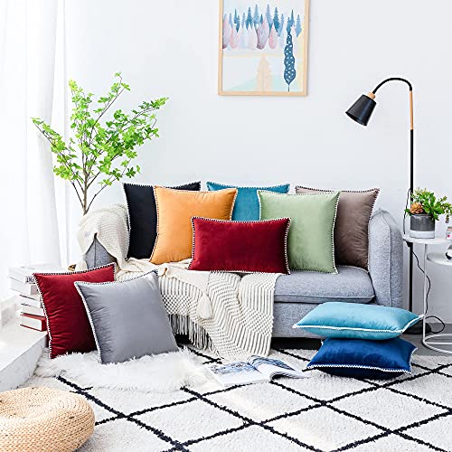 GAWAMAY Solid Soft Velvet Farmhouse Spring Pillow Covers 18x18 Set of 2,Decorative Green Throw Pillows with Chenille Edge,Square Boho Couch Pillows for Living Room Sofa Couch Beding(45x45cm) Green