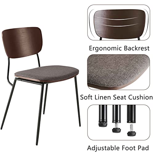 ESSIZOLE Dining Chair, Modern Linen Kitchen Dining Room Chairs Set of 2, Side Chair with Wood Back, Upholstered Armless Chairs with Metal Legs for Dining Room, Bedroom(Matte D-Brown+Grey)