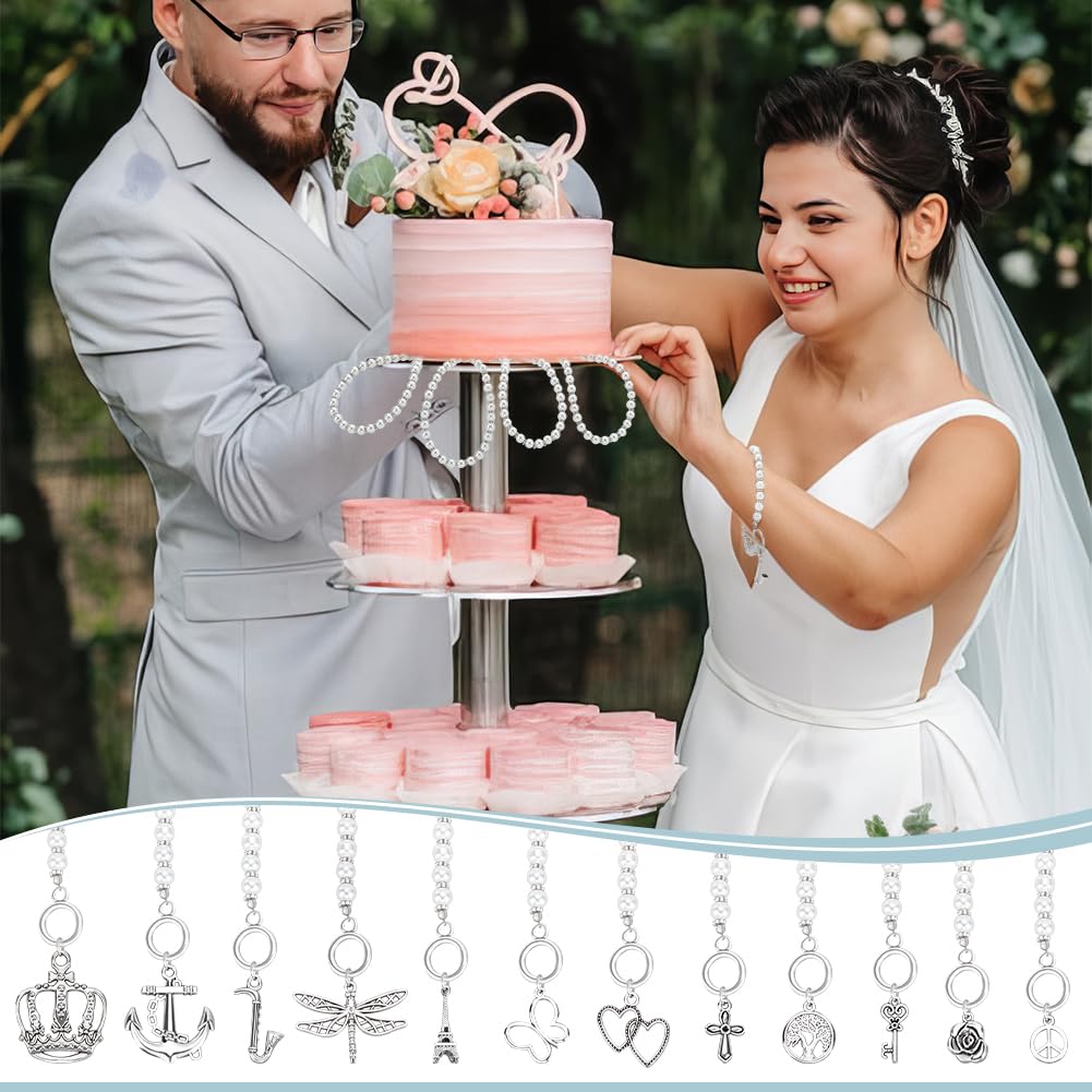 FINGERINSPIRE 12Pcs 10Inch White Individual Pearl Beaded Wedding Cake Pulls 12Style Wedding Cake Charm Pull with Alloy Silver Charm Bracelet for Birthday Party Wedding Decoration Bridesmaid Luncheon