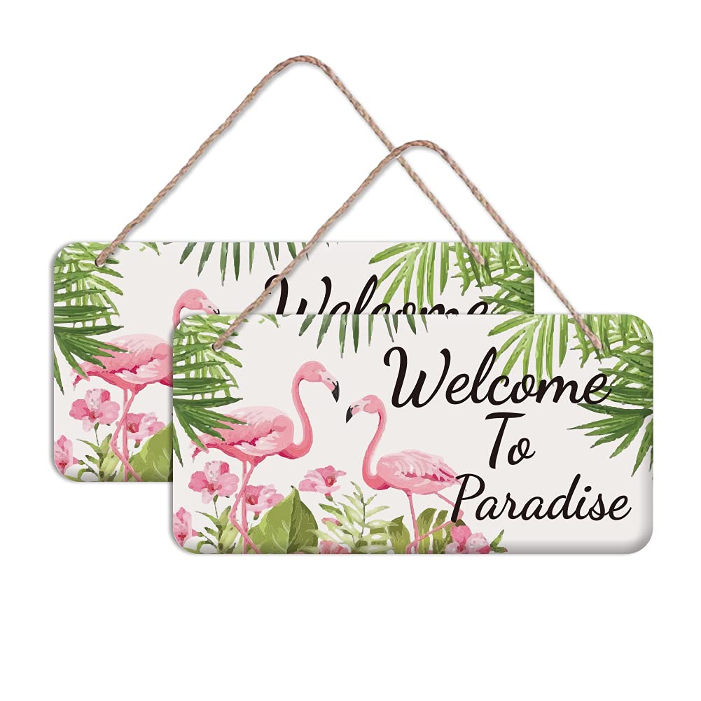 SUPERDANT 2Pcs Wood Door Hanging Sign Plaque Welcome to Paradise Flamingo Hanging Decorative Wood Welcome Sign for Home Front Door Decoration Farmhouse Porch Garden Yard 30x15cm