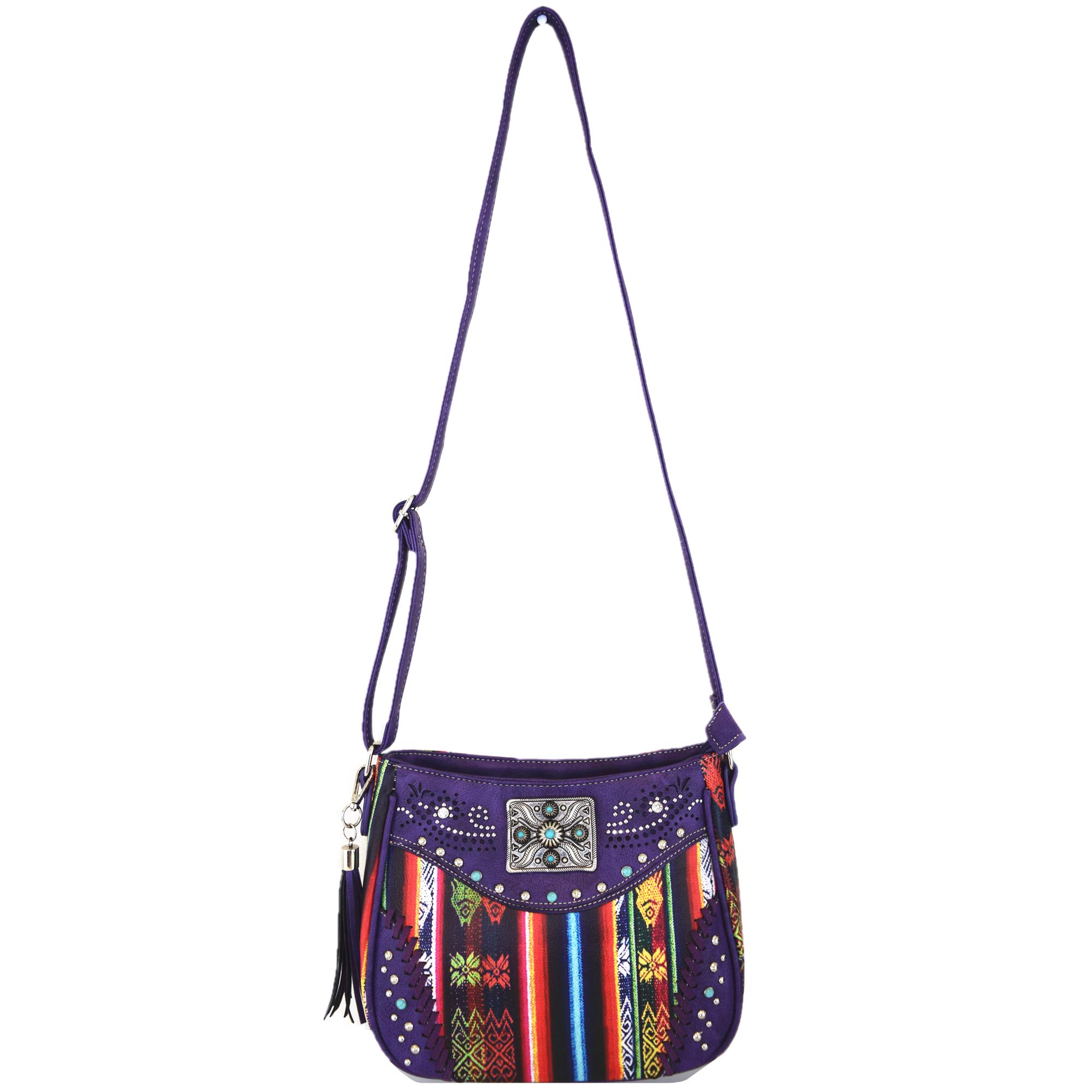 Native Conchos Studded Purse Women Rhinestone Crossbody Handbags Leather Tassel Country Adjustable Strap Single Shoulder Bag (Purple)