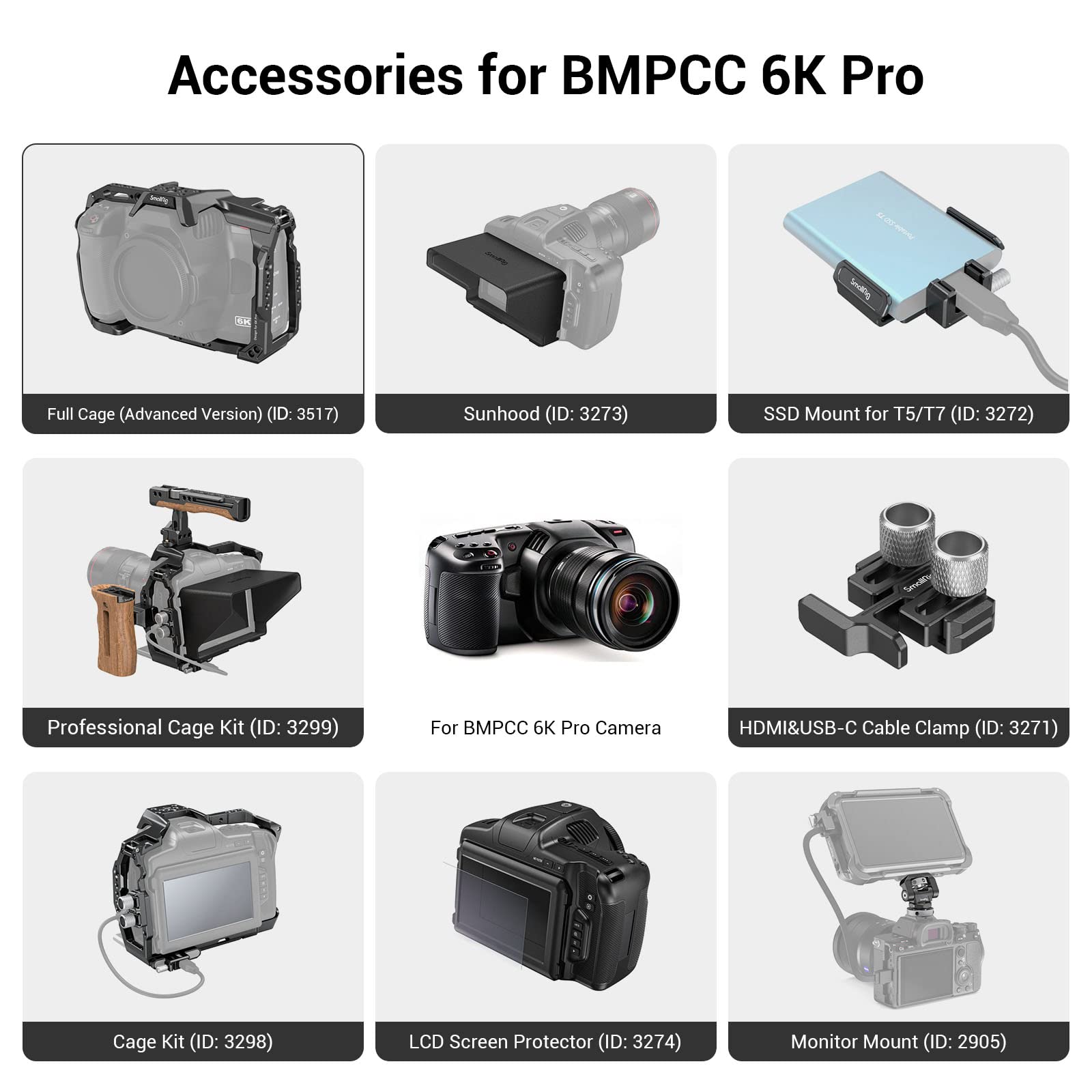 SmallRig Full Cage for BMPCC 6K Pro / 6K G2, for Blackmagic Pocket Camera Battery Grip, Comes with Built-in Removable Pogo Pin Connector, Locating Holes for ARRI and NATO Rail - 3517
