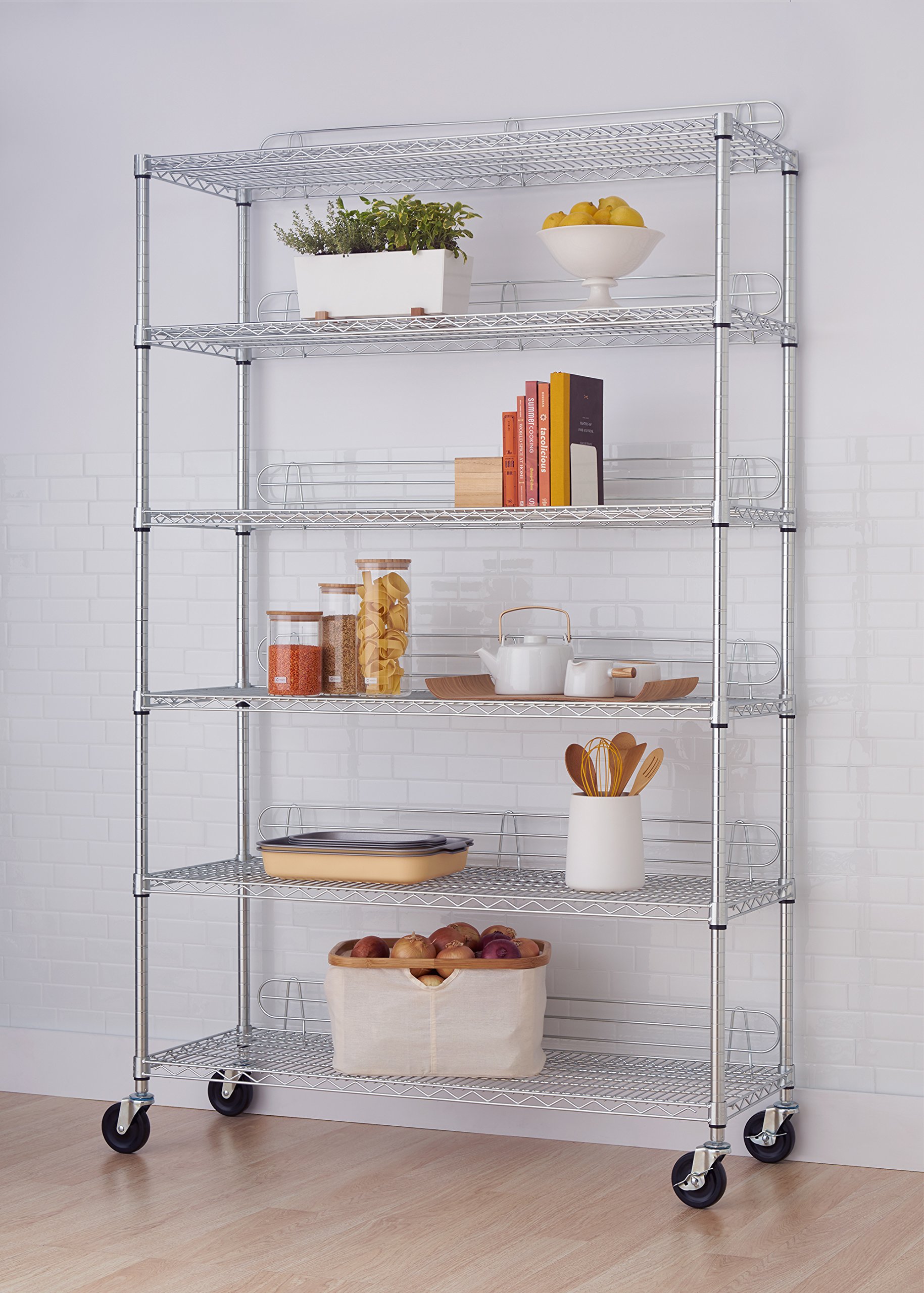 TRINITY EcoStorage Heavy Duty 6-Tier Adjustable Wire Shelving with Wheels and Backstands for Kitchen Organization, Garage Shelving, NSF Certified, 48β W x 18β D x 72-77β H, 800-4800 lb Capacity Chrome