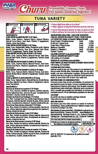 INABA Churu Cat Treats, Grain-Free, Lickable, Squeezable Creamy Purée Cat Treat/Topper, 60 Servings, Tuna Variety Box