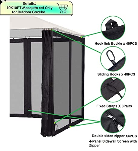 Mosquito Net for 10x10 Canopy Tent,Replacement Mosquito Netting for Gazebo Netting Screen Mosquito Screen Canopy for Camping for Patio Tent 10x10' (Mosquito Netting Only, Black 2)