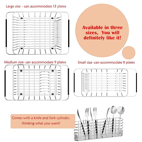 NiuYichee Dish Drying Rack in Sink, Expandable Stainless Steel Dish Drainer Rack Organizer Over Sink Counter, with Stainless Steel Utensil Racks, Fit 14.2" to 19.5" Sinks (Large)