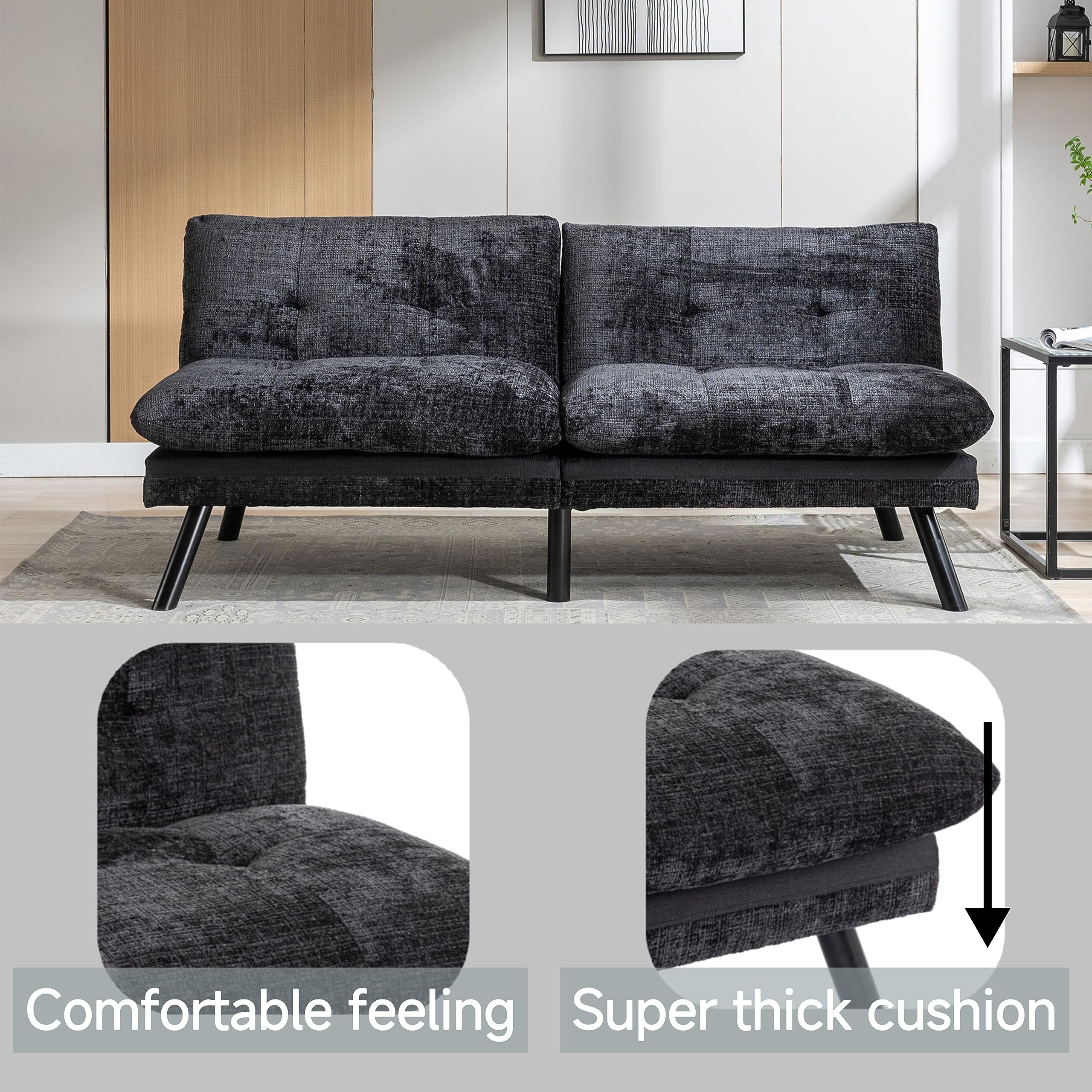 Futon Sofa Bed, Convertible Sleeper Sofa with Adjustable Backrest, Loveseat Futon Bed with Black Metal Legs, Breathable Lounge Couch for Apartment, Studio, Office, Small Space (Grey)
