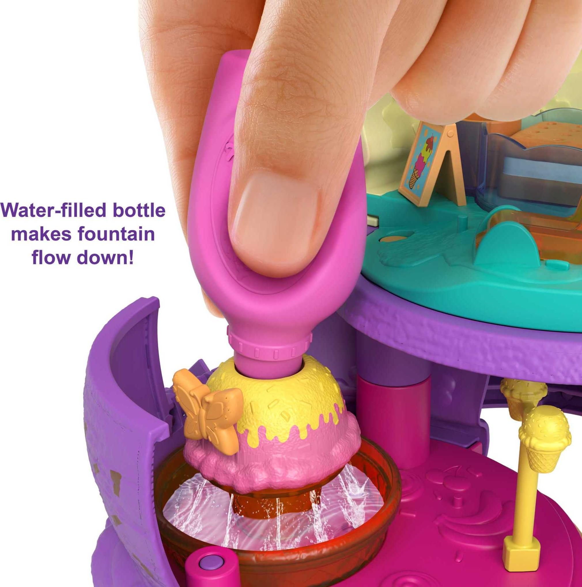 Polly Pocket Dolls and Accessories, Ice Cream Cone-Shaped Playground with 3 Floors and 2 Micro Dolls, Spin ‘n Surprise Compact