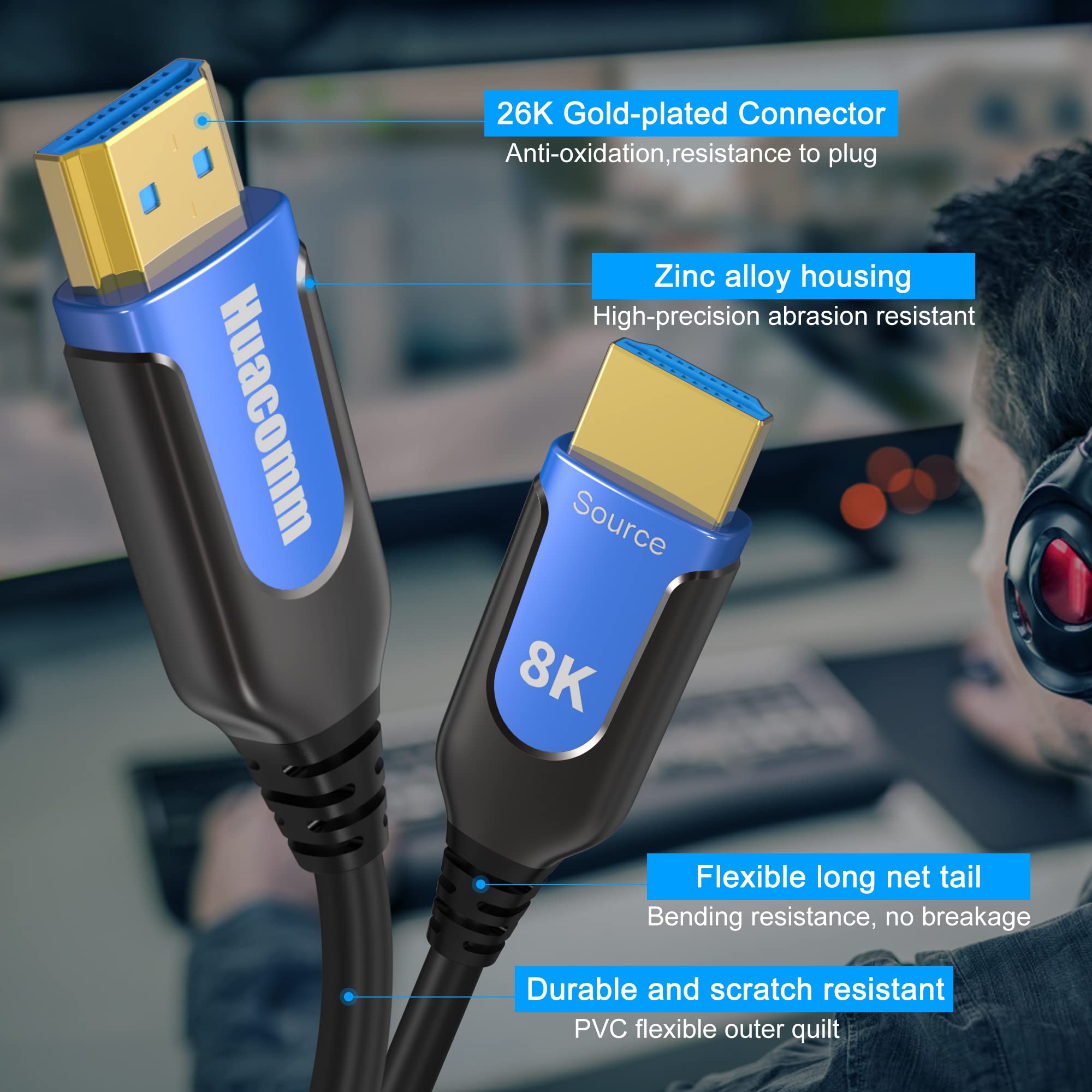 Fiber Optic Hdmi 2.1 Cable 8K 50 Feet, Supports 8K@60Hz 4K@120Hz, 48Gbps, Dynamic HDR,ARR, Dolby Atmos, HDCP 2.2 & 2.3, Compatible with Apple-TV, PS5, PS4, Xbox One Series X, RTX 3080 3090