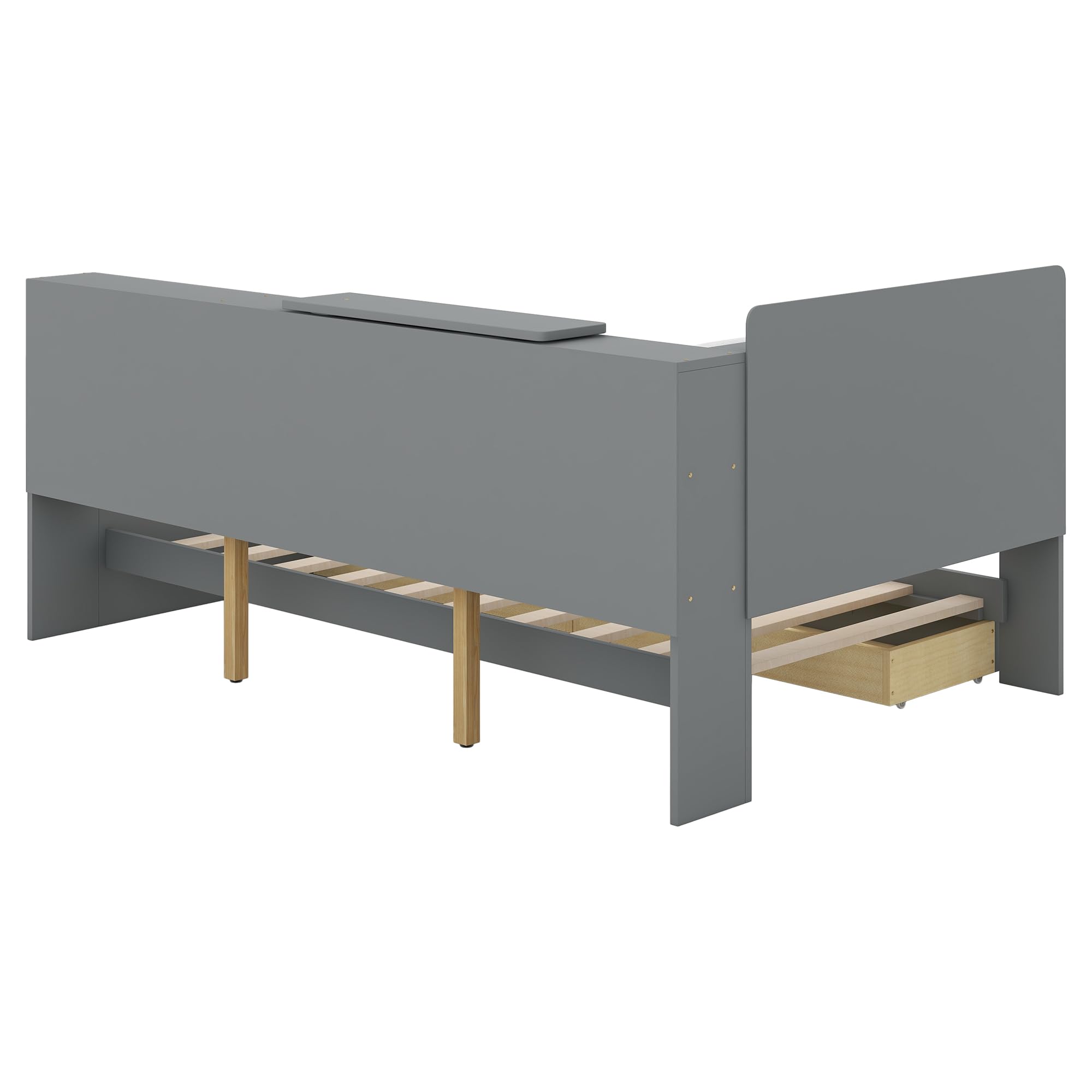 DNChuan Twin Size L-Shaped Daybed with Upholstered Storage Headboard and Underneath Drawers,Captains Bed with Bookcase,Rotatable Table Board,Gray