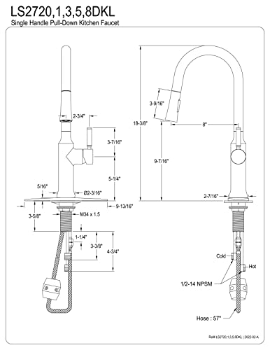 Kingston Brass LS2720DKL Kaiser Pull-Down Sprayer Kitchen Faucet, 8 Inch in Spout Reach, Matte Black