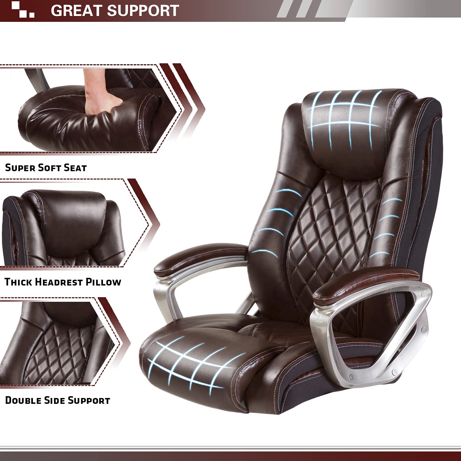 BOWTHY High Back Executive Office Chair 300lbs - Adjustable Built-in Lumbar Support, Ergonomic Leather Computer Desk Chair with Padded Armrest Swivel Chair for Home and Office (Brown)