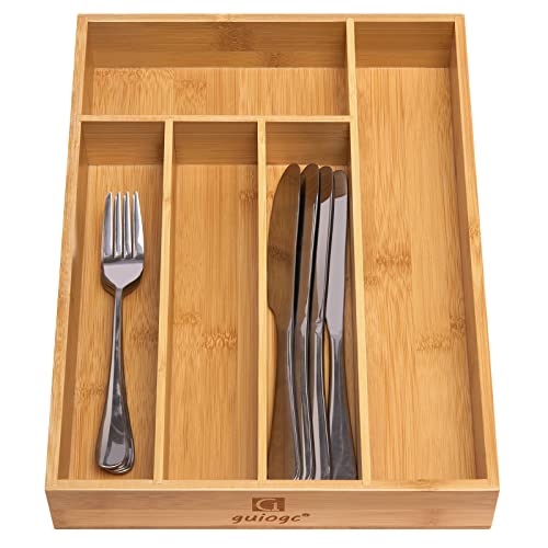 guiogc Kitchen Bamboo Silverware Drawer Organizer,Silverware Organizer and Cutlery Tray with Grooved Drawer Dividers for Silverware, Knives in Kitchen, Bedroom (5 Slot-Natural)