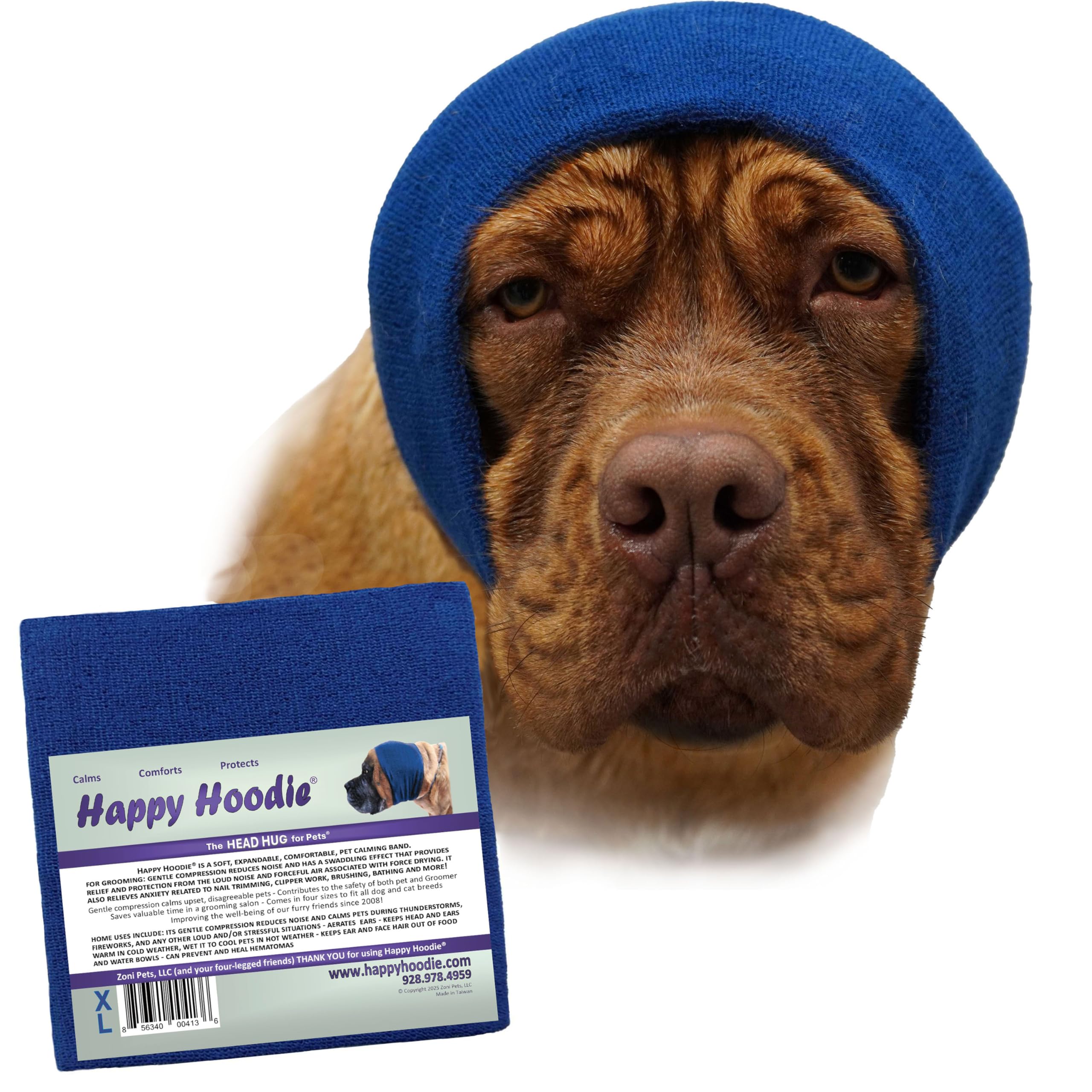 Happy Hoodie The Original Calming Band for Dogs & Cats - for Anxiety Relief – Noise Canceling for Fireworks, Thunderstorms, Pet Grooming & Force Drying - Dog Calming Aid Since 2008 (X-Large, Blue)