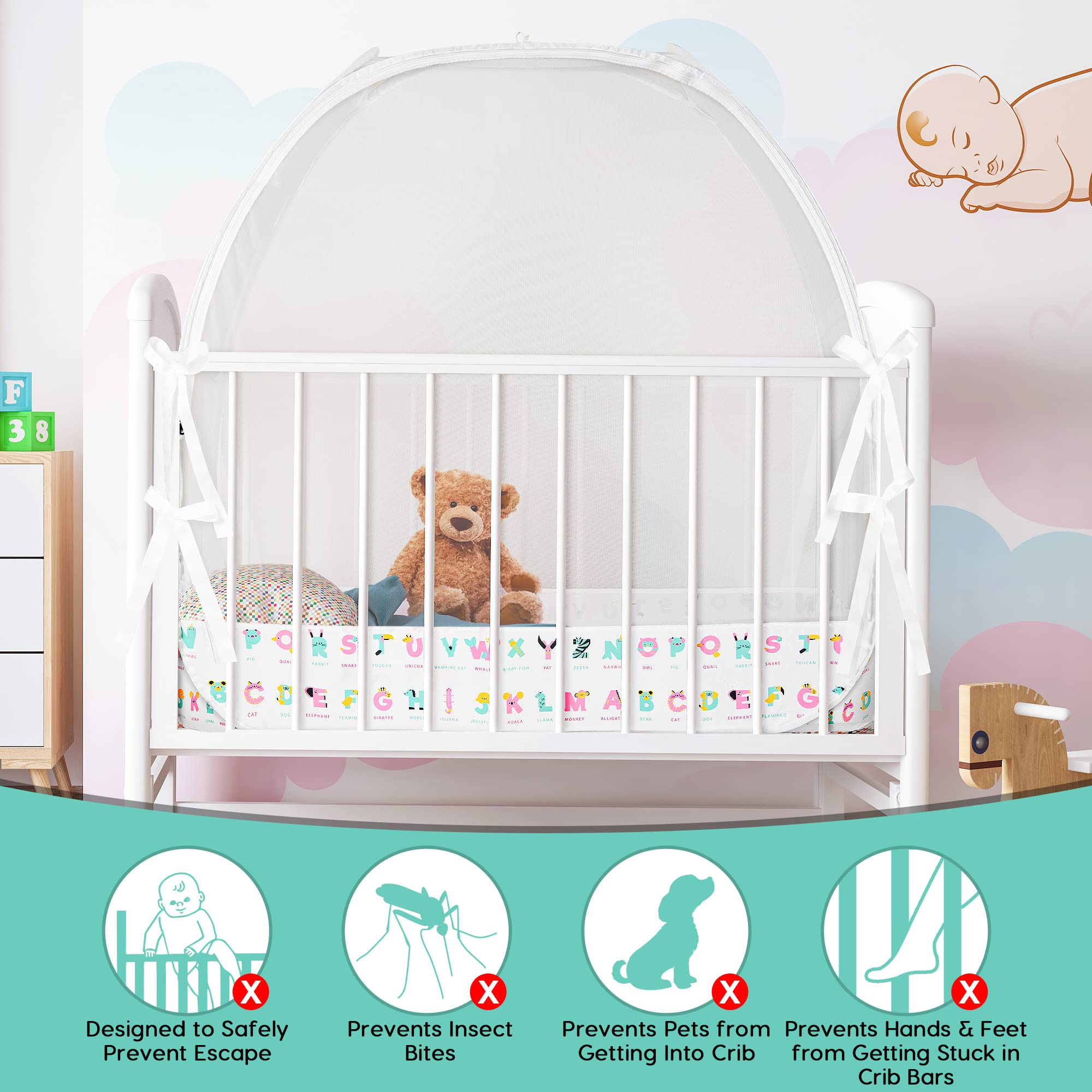 Giggling Star Crib Tent to Keep Baby from Climbing Out, Pack n Play Tent with Toy Pouch, Breathable & See-Through, Keeps Cats Out, Protects from Mosquito Biting, Safe Crib Net to Keep Baby in