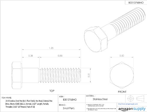 Small Parts FSCVHHMS-5618-16 18-8 Stainless Steel Hex Bolt, Plain Finish, Vented, Hex Head, External Hex Drive, ASME B18.2.1, 1" Length, Partially Threaded, 5/16"-18 UNC Threads (Pack of 10)