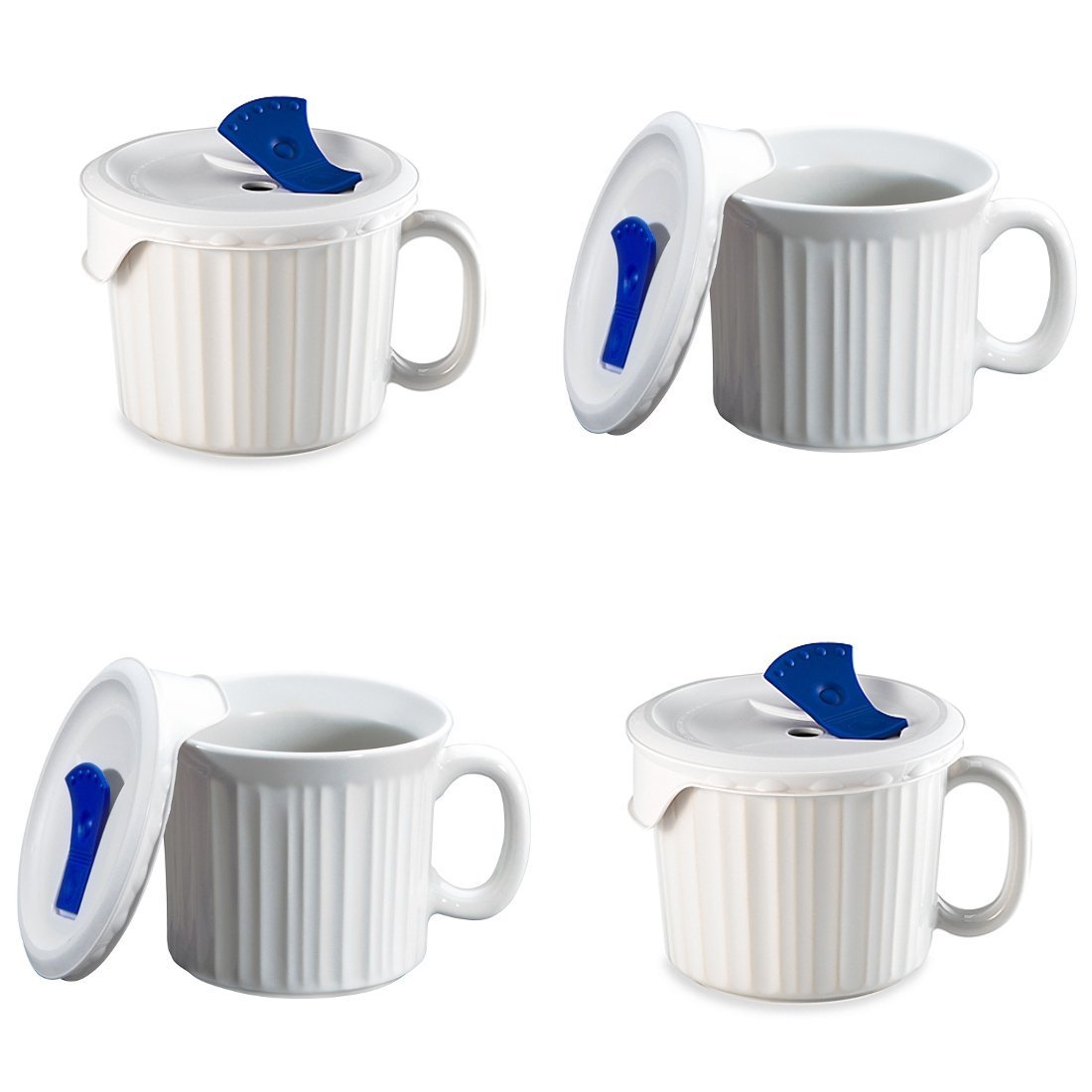 CorningWare Pop-Ins 20-ounce Mug w/Blue Vented Plastic Cover, White (Pack of 4)