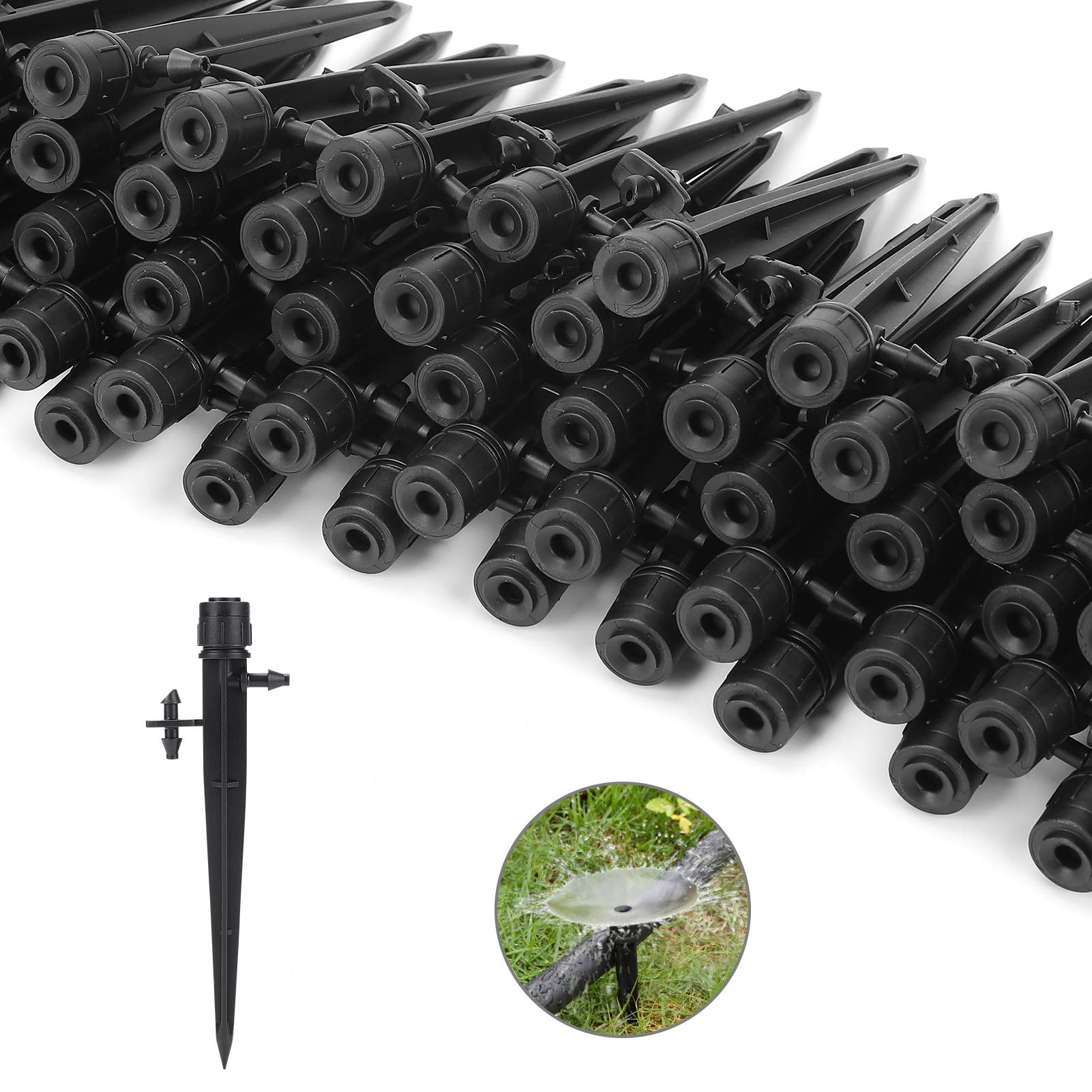 LINGSFIRE 200 PCS Water Irrigation Drippers for 4/7mm Drip Tubing 360 Degree Full Circle Scattering Adjustable Micro Flow Drip Stakes Emitter with Dripping Barbed Connector