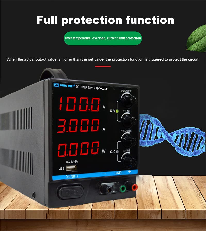 Lwlongwei Lab DC Power Supply Variable, 100V 3A Adjustable Switching Regulated DC Bench Linear Power Supply with 4-Digits LED Power Display, Coarse and Fine Adjustments with Alligator Leads Black