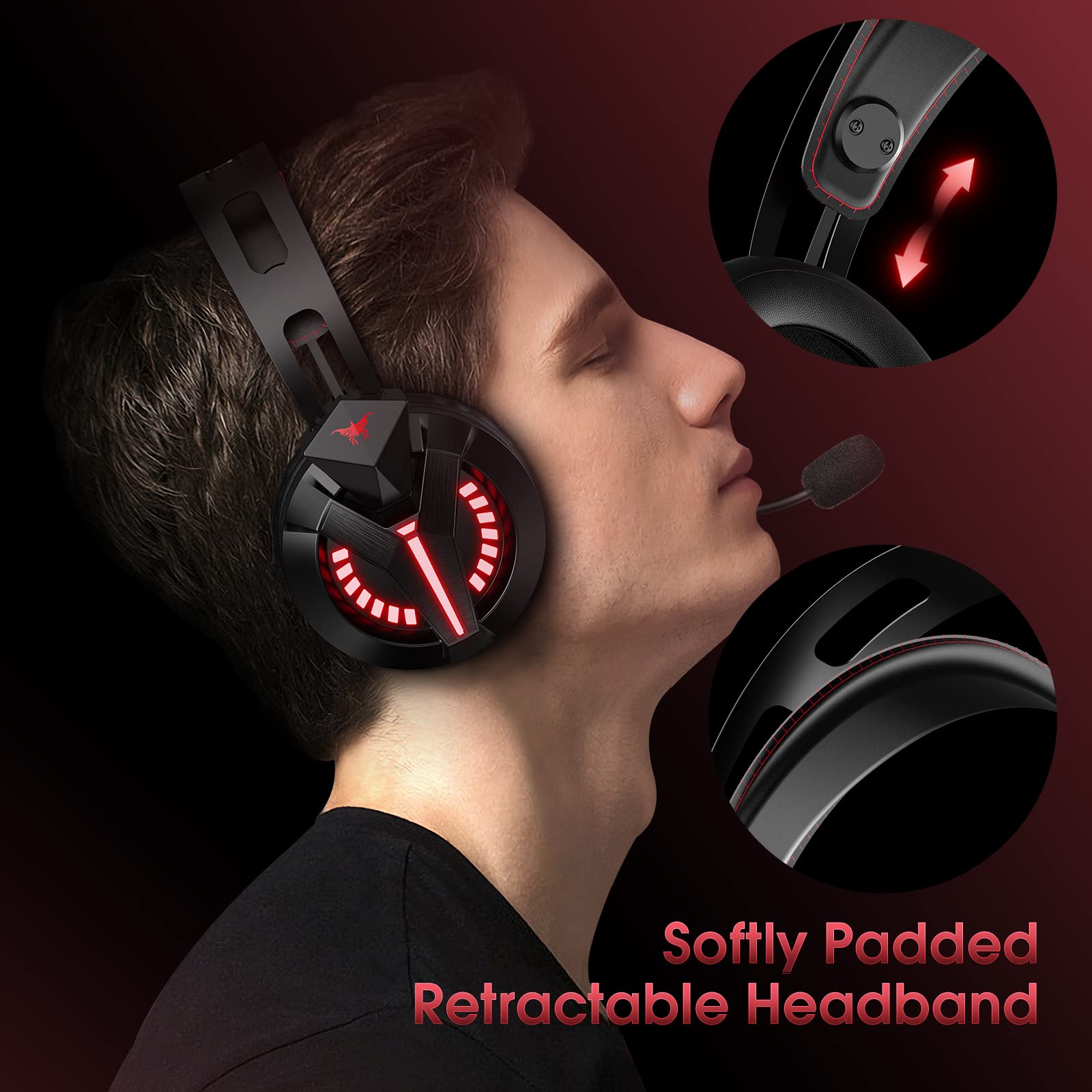 Combatwing Gaming Headset with Microphone, PC Gaming Headphones Double Head Beam Suspended Soft Soft Memory Earmuffs, 7.1 Surround Sound Nintendo 64 Accessories with LED Light for PC, PS4, Mac, Laptop