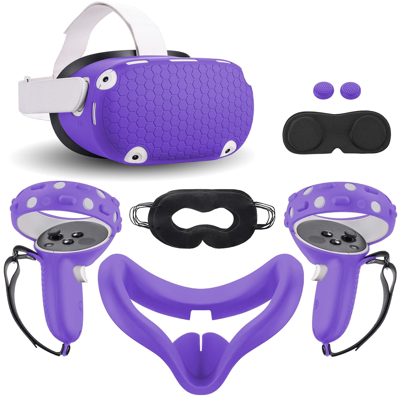 Compatible with Oculus Quest 2 Silicone Case Accessory with VR Case Cover, Silicone VR Face Cover Pad and Touch Controller Grip Cover Compatible with Quest 2, Lens Cover, Eye Mask (Purple)