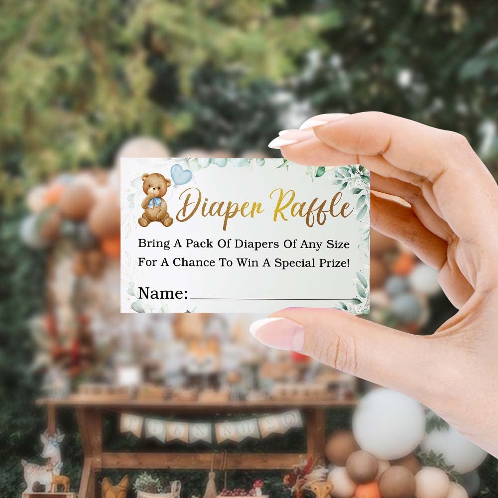 Diaper Raffle Sign,Eucalyptus Diaper Insertion Ticket,Balloon Bear Diaper Raffle Theme Baby Shower Game Kit (1 Sign & 50 Cards),Baby Shower Decoration