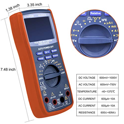 ETEPON Digital Multimeter True RMS Auto Raging Voltage Tester, Measures, Voltage, Current, Resistance, Continuity, Frequency, Capacitance, Temperature, Test Diodes,Transistors(6000 Counts Multimeter)