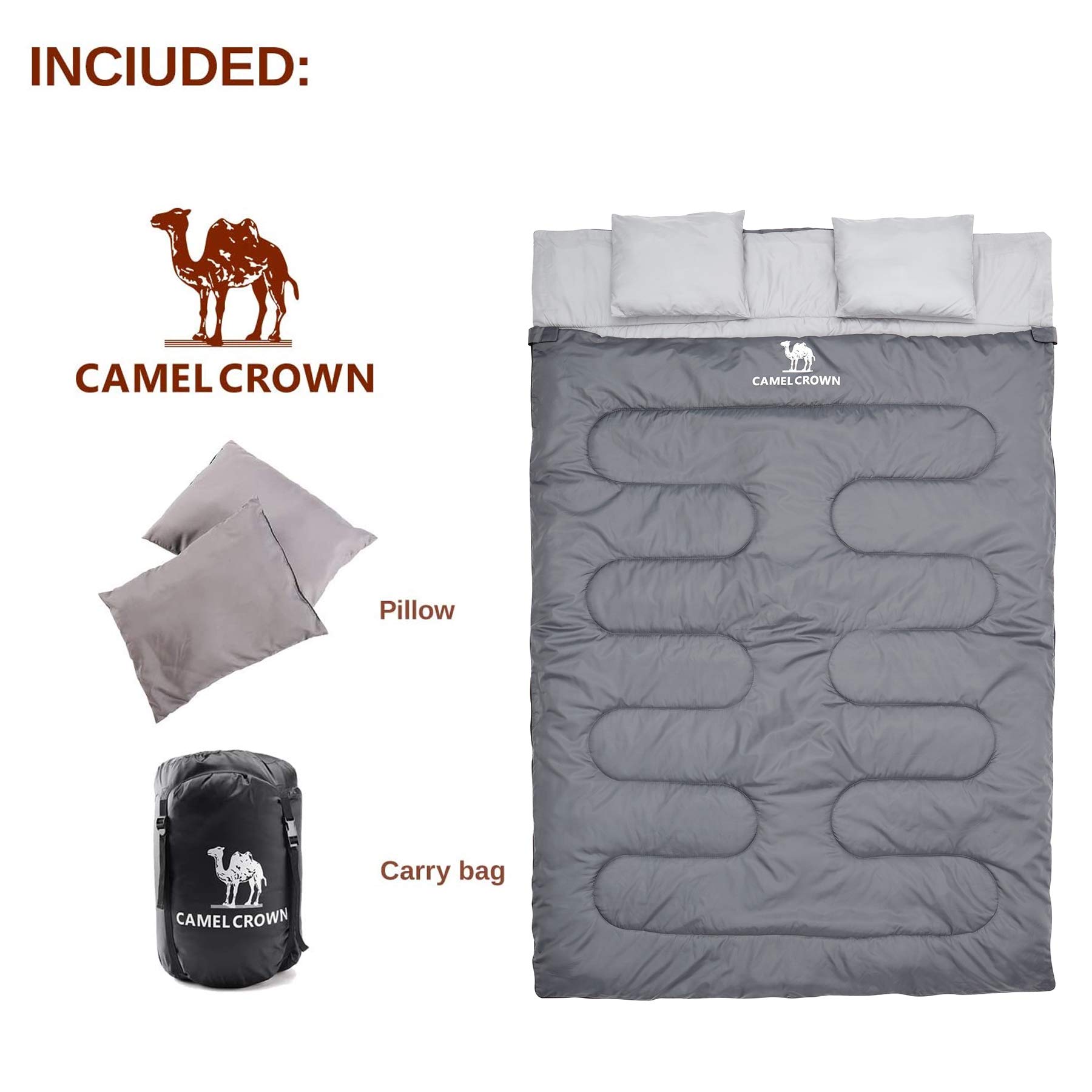 CAMEL CROWN Double Sleeping Bag - 4 Seasons Warm Cold Weather, Portable, Backpacking Hiking Camping Bag with Pillow for Camping & Adventures