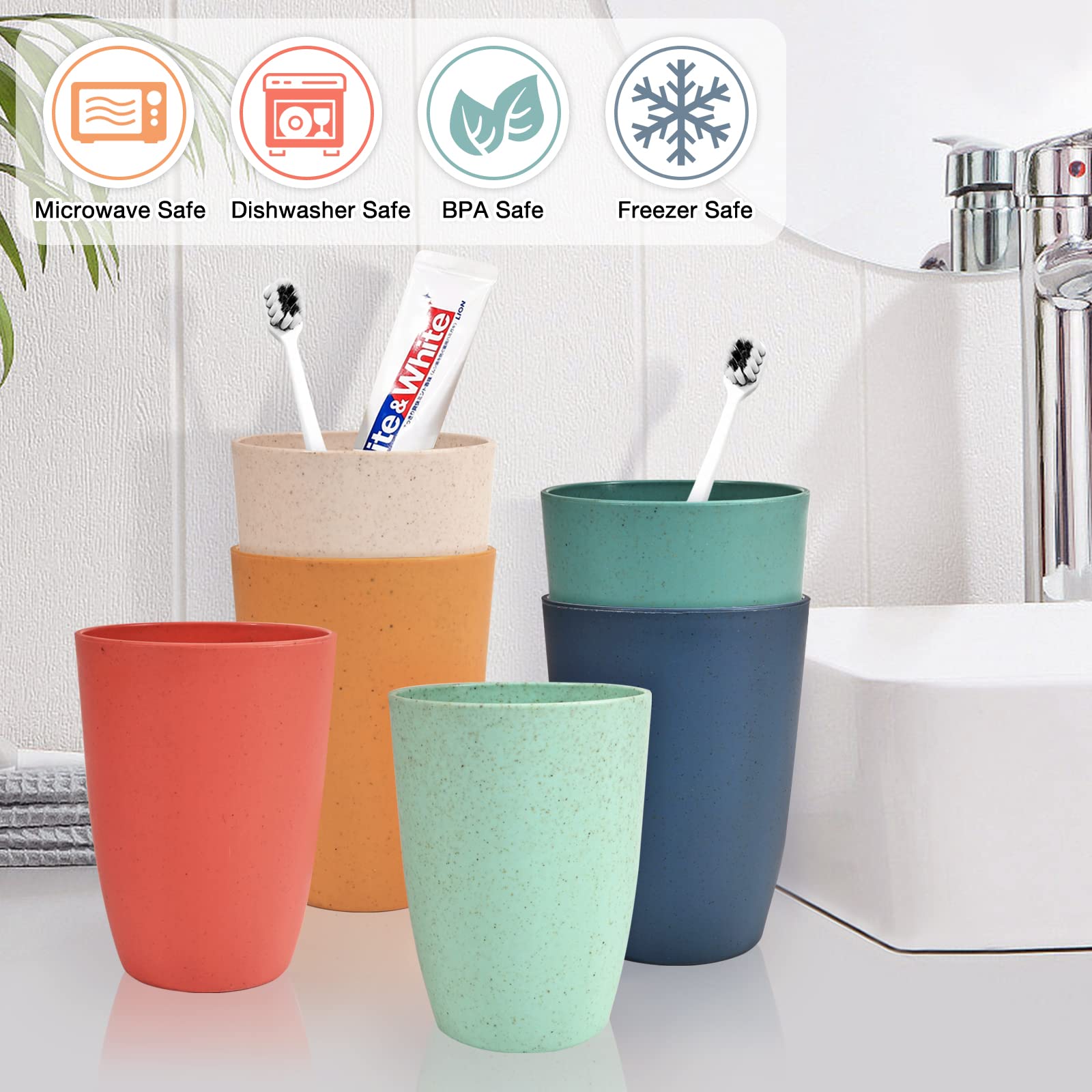 CRETVIS 11OZ Unbreakable Wheat Straw Cup, 6 Pcs Reusable Dishwasher Safe Drinking Cups, Stackable Coffee Tea, Juice Cup, Tumbler Water Mugs for Kitchen Parties, Travel Picnics and Weddings