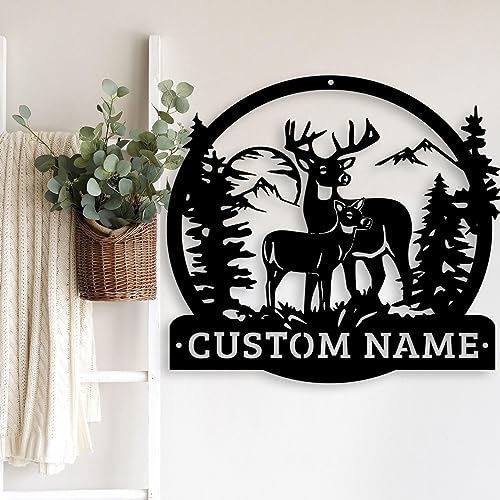 Lymnaraa Deer And Mountain Forest Metal Wall Art Custom Name Sign Outdoor Decor Deer Hunting Metal Wall Hanging Decor Personalized Gift for Family Friend Anniversary Wedding Gift