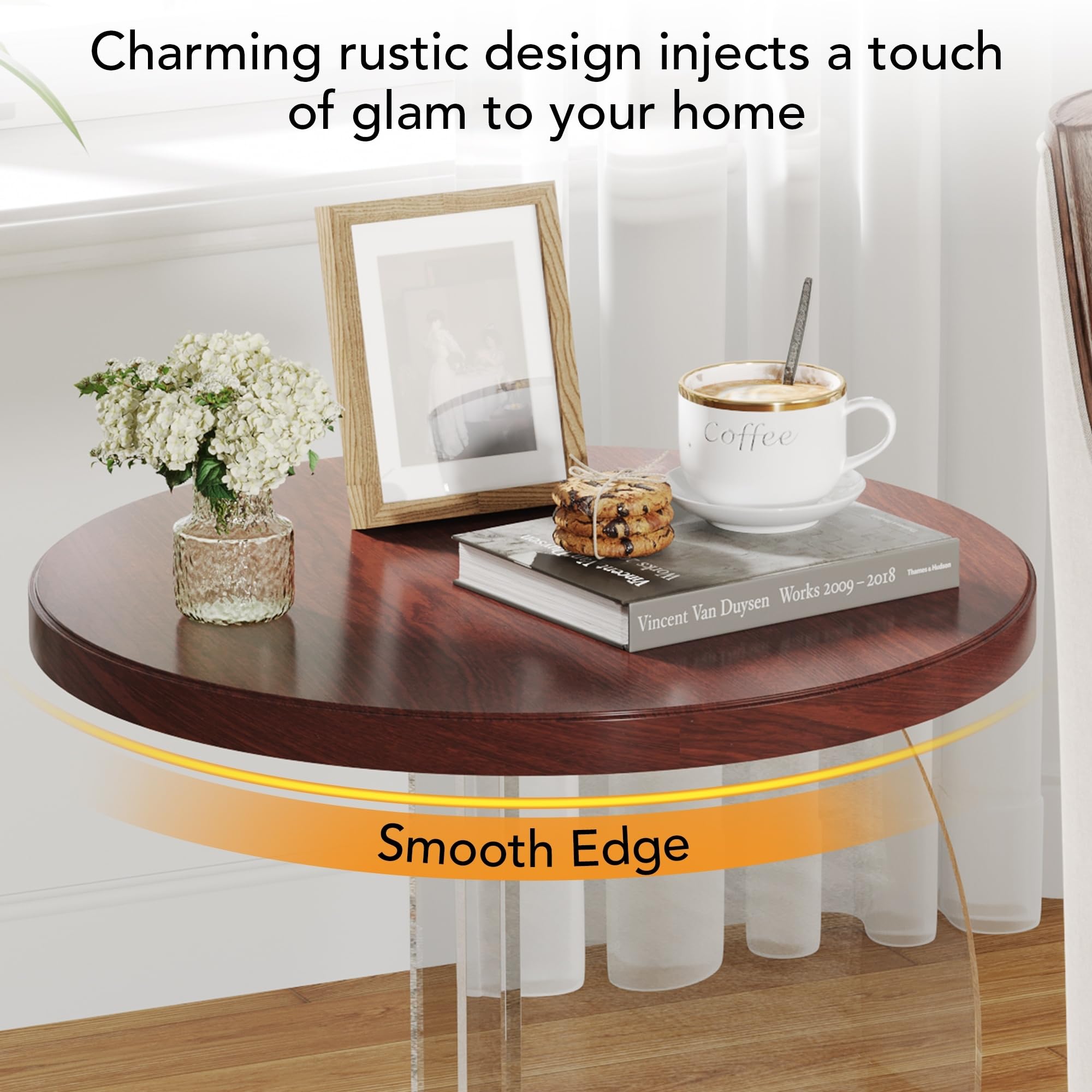 Cherry Finish Round End Side Table with Acrylic Legs Living Room Accent Tables Brown Modern Contemporary Wood Includes Hardware