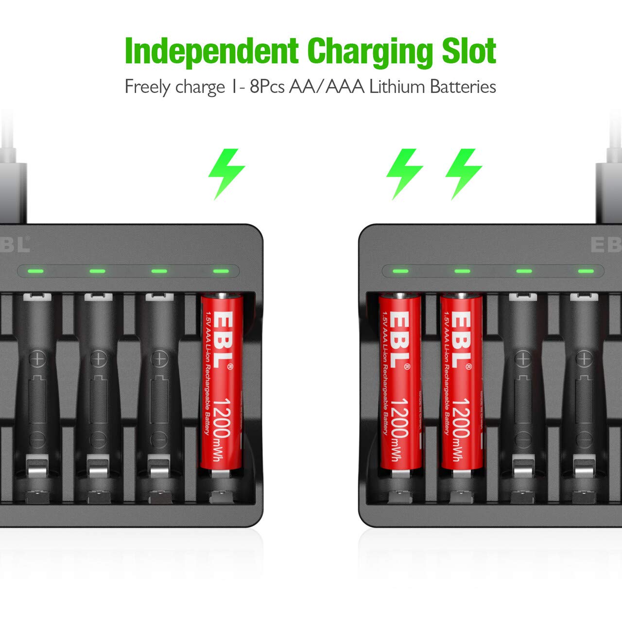 EBL AA AAA Lithium Batteries with Charger Combo 1.5V Rechargeable Battery 8-Pack AA Lithium Batteries 3000mWh & 8 Pack AAA Lithium Batteries 1200mWh with 8 Bay Battery Charger