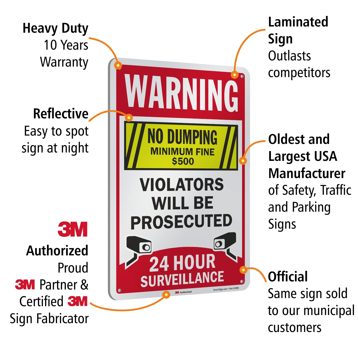 SmartSign 18" x 12" 'Warning - No Dumping, Minimum Fine USD 500, Violators Prosecuted, 24 Hour Surveillance' Metal Sign, 63 mil Aluminum, 3M Laminated Engineer Grade Reflective, USA-Made